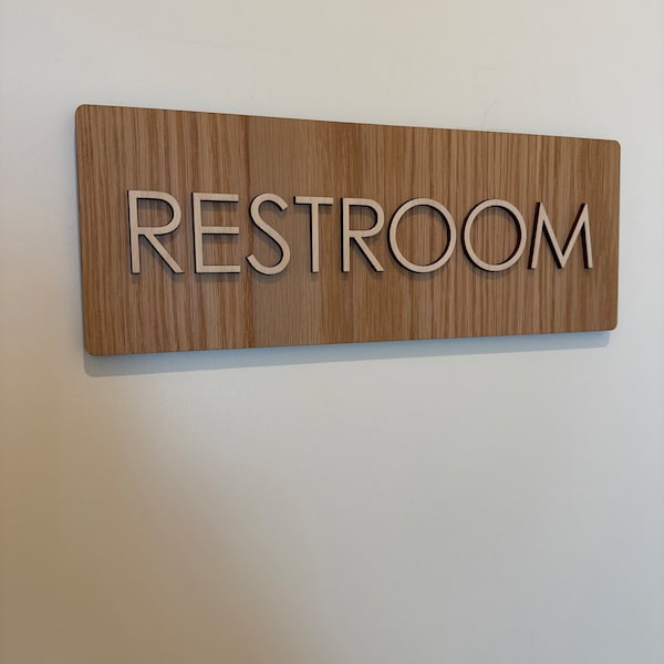 Modern Raised Text Restroom Sign - Various Wood Finishes - Birch ...