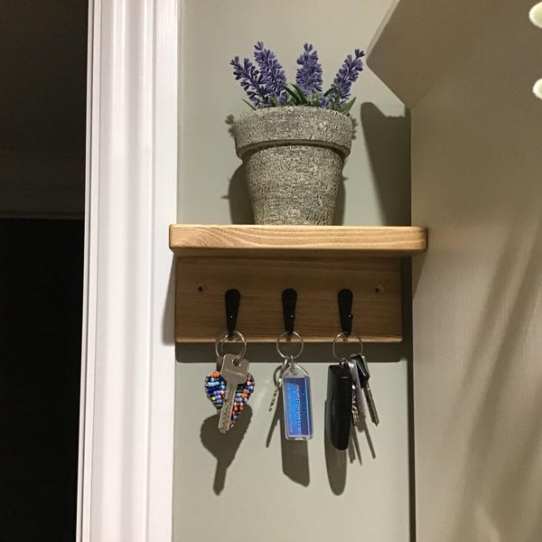 Dark Oak Waxed Wall Mounted Key Holder With Shelf “black Hooks” Key ...