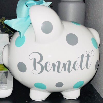 Personalized 9large Piggy Bank Light Pink and Glitter Silver Polka Dot ...