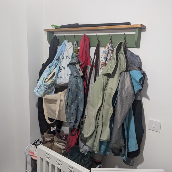 GREEN COAT RACK With Shelf (dark Wax, 10cm Deep), Shelf With Hooks ...