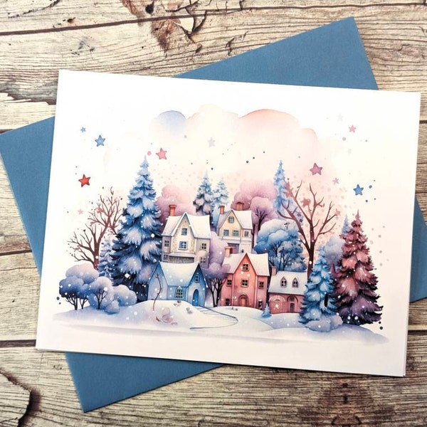 9 Christmas Card Clipart, Winter Houses Card, Printable Watercolor ...