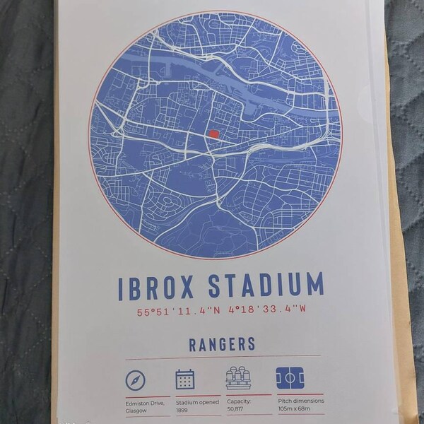 Rangers Ibrox Stadium Minimalist Map Prints & Frames | Gift Decor ...