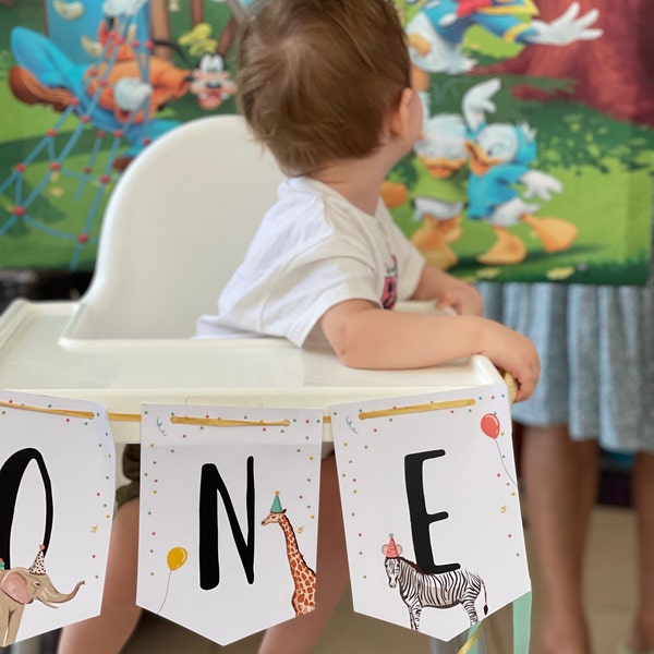High Chair ONE Birthday Banner Party Animals Safari Animals Wild One ...