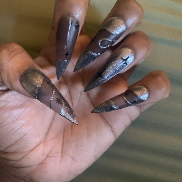 Black Stars Press on Nails, Black Coffin Nails, Custom Fake Nails, Handpainted False Nails ...
