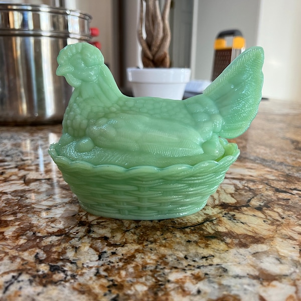 Jadeite Depression Style Glass Nesting Chicken Hen on Nest Candy Dish W ...