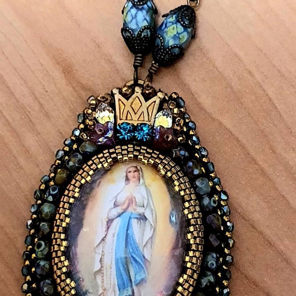 Madonna, Divine Shepherdess, Mary Bead Embroidery Fringe Necklace ...