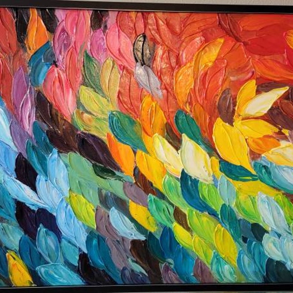 Original Colorful Feathers Oil Painting on Canvas, Large Wall Art ...