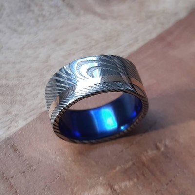 Custom Anodized Titanium and Damascus Steel Ring With Sterling Silver ...