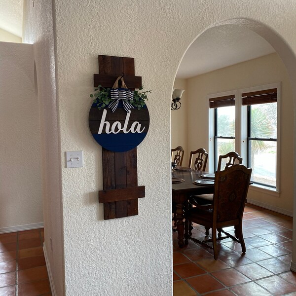 Hola Door Sign, Hello Door Hanger, Hola Wood Round Wreath, Door Decor ...