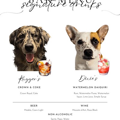 Signature Drink Sign With Dog, Bar Menu Template With Watercolor Drinks ...