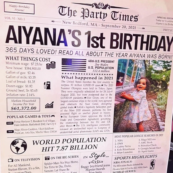 1st Birthday Newspaper Poster Sign, 1st Birthday Gift for Son or ...