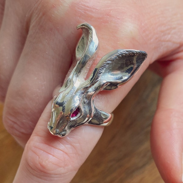 Ruby Eyed Hare Silver Ring Handmande Recycled Silver Ruby - Etsy