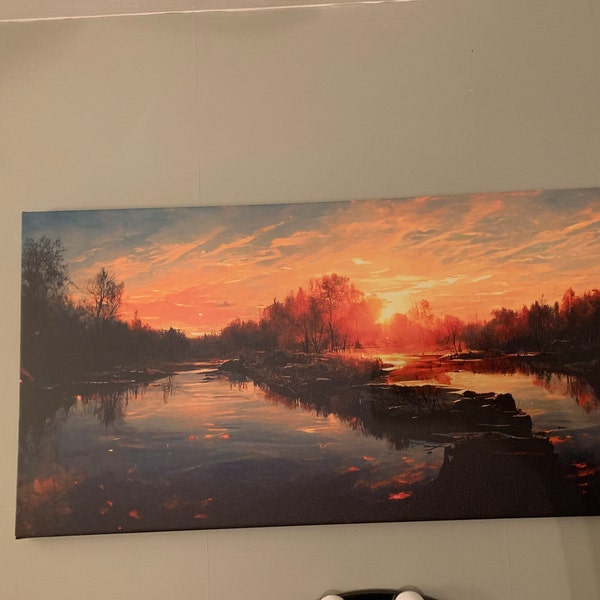Lake Sunset Oil Painting on Canvas, Canvas Print, Ready to Hang Gallery ...