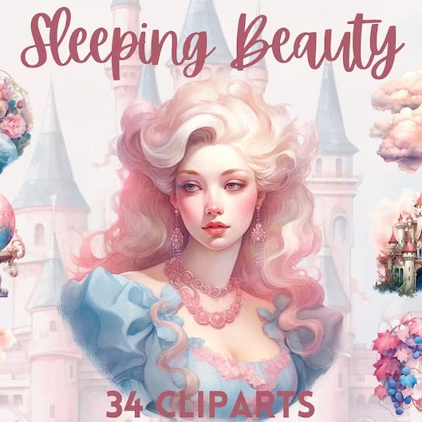 Watercolour Fairytale Sleeping Beauty Clipart Bundle, Princess Clipart ...