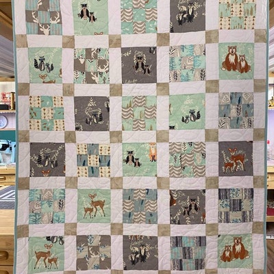 Woodland Quilt Bundle Gray Teal Hello Bear Bundle Deer Fabrics for Boy ...