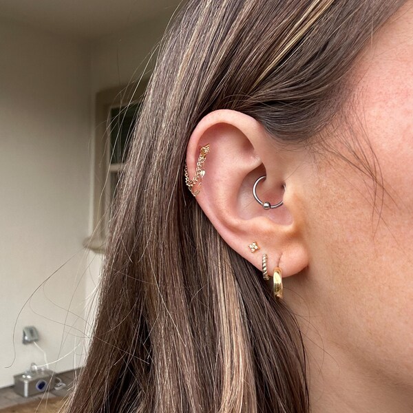 14K Solid Gold Dangle Triple Mixed Chain Attachment Sequin Chain ...