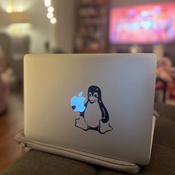 Penguin Bites the Apple MacBook Sticker Linux Tux Decal - Fits Both Old ...