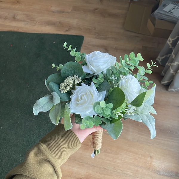 Rose & Greenery Bridesmaid Bouquets With Premium White Roses, Greenery ...