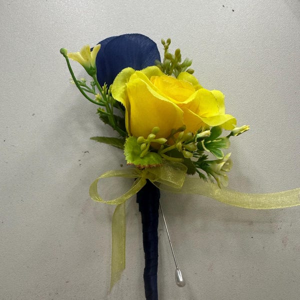 Pin, Wrist Corsage, Men's Rustic Boutonniere Navy Blue & Yellow - Etsy