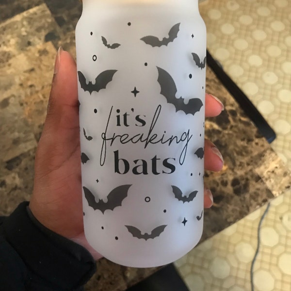 It's Freaking Bats Iced Coffee Cup, Halloween Glass Can, Cup With Lid ...