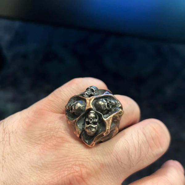 Silver Skull Ring, Four Head Skull Ring, Hammered Skull Ring, Skeleton ...