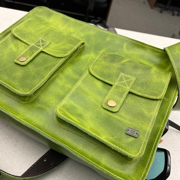 Leather Laptop Bag for Women, Green Leather Messenger Bag for Work ...