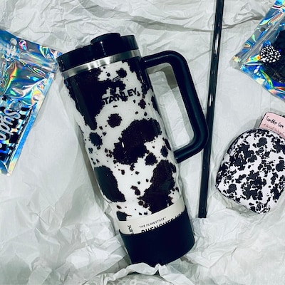 Custom Cow Hide Authentic Stanley Tumbler Epoxy Glitter Cow Print ...