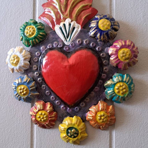 Tin Punched Sacred Heart Mexican Tin Heart, Hand Painted Religious ...