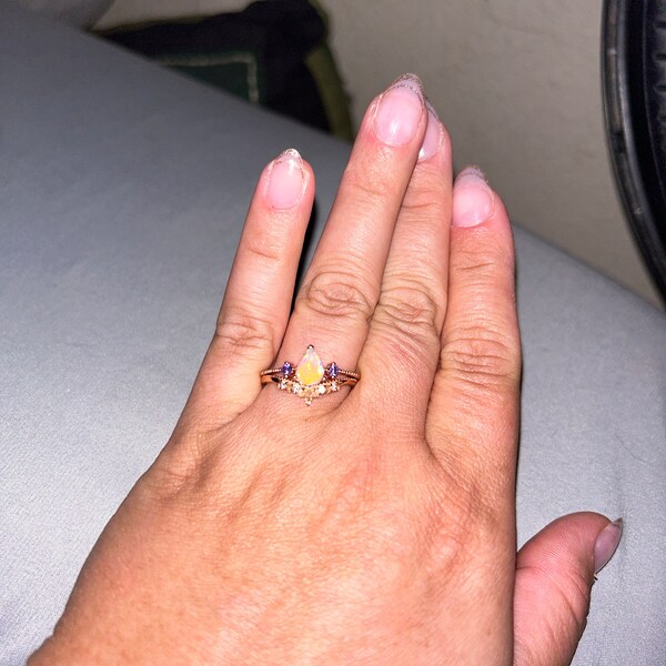 April Natural Opal and Amethyst Ring Set Dainty Minimalist Crystal ...