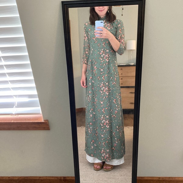 Green Mini Flowers Chiffon Ao Dai Set With Headband FL| Pre-made ...