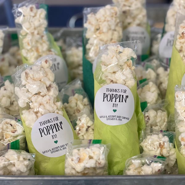 Thanks for Poppin' by Baby Shower Favor Popcorn Bag Sticker Ribbon ...