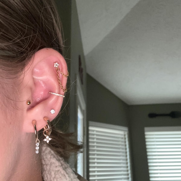 16g Dainty Flower Helix Double Chain Ear Stud, Flat Back Chain Hoop ...