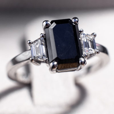 Black Engagement Ring, Square Black Natural Diamond, Three Sided Band ...