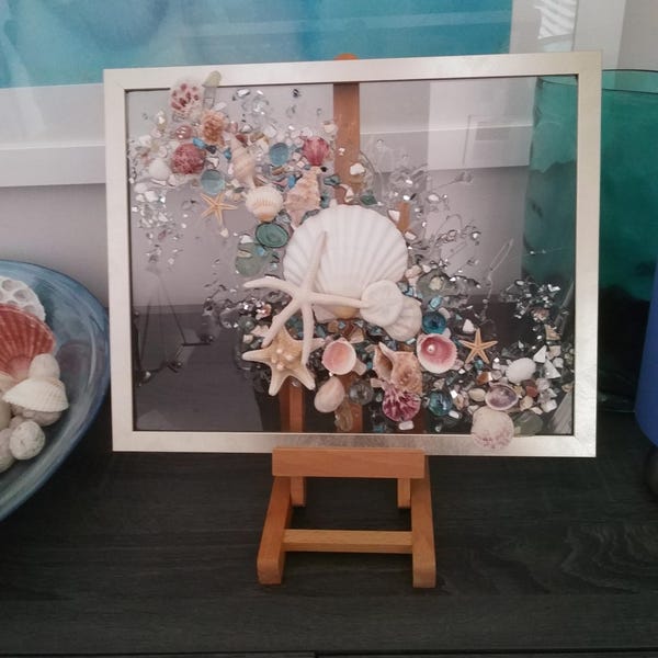 Wave Art on Wooden Stand for Beach Bathroom, Glass Art Display Frame ...