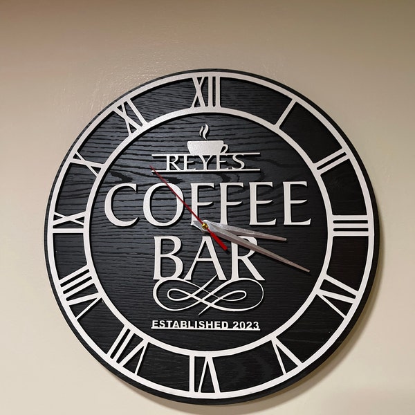 Personalized Coffee Bar Clock Sign, 3D Round Wooden Wall Clock, Custom ...