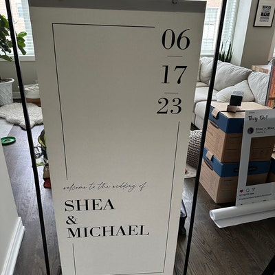 White Curtain Wedding Welcome Sign With Stand, Curtain Print Welcome ...