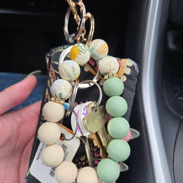 Rose Flower Wristlet Keychain Silicone Bangle Key Wristlet Boho Beaded ...