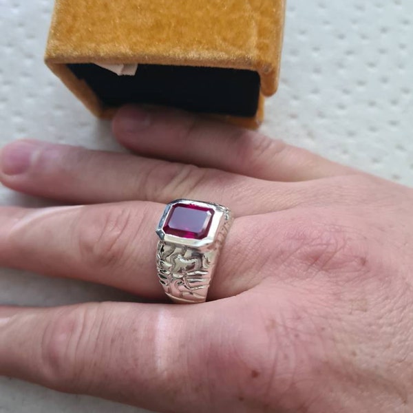 Mens Ruby Ring, 3 Carat Big Emerald Cut Ruby Wedding Ring, Ruby ...