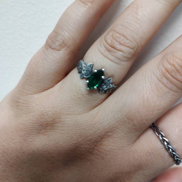 Emerald Rose Leaf 925 Silver Marquise Ring, Flower Emerald Ring, Green Stone Silver Ring ...