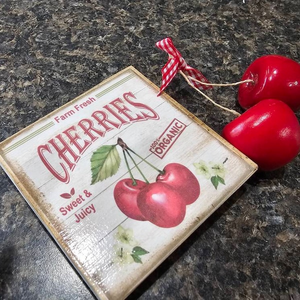 Wooden CHERRIES and Vintage SIGNS | TIERED Tray Decor | Shelf Sitter ...