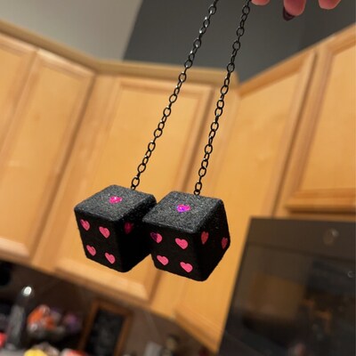 Black Fuzzy Dice With Pink Hearts and Chain or Cord / Car Accessories ...