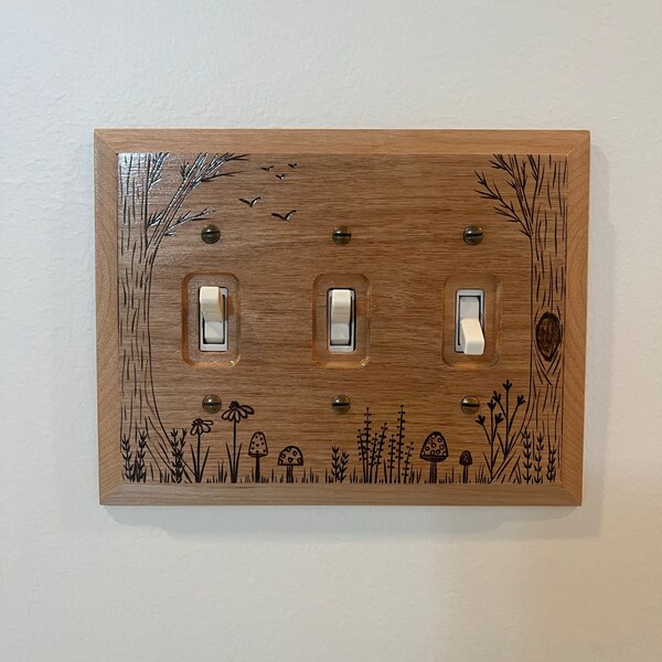 Wooden Triple Light Switch Cover With Wood Burned & Water Colored Birch ...