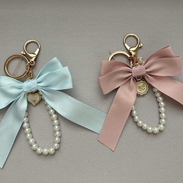 Beautiful Gentle Blue Bow Pearl Keychain Charm Heart-shaped Key Chain ...