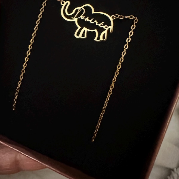 Elephant Name Necklace, Animal Name Necklace, Gold Nameplate Elephant ...