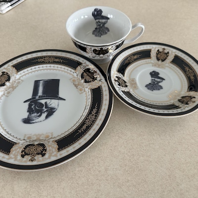 Gorgeous Black and Gold Tea Set, Bat, Cat, Crow and Moth Design ...