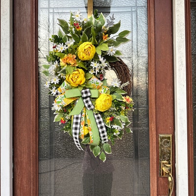 Spring Grapevine Wreath for Front Door, Pink and White Spring Door ...