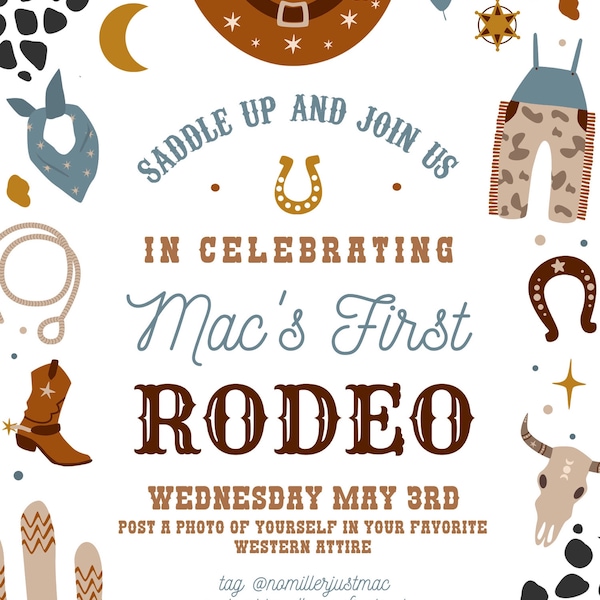 Editable My First Rodeo Invitation Cowboy Birthday Invite Wild West ...