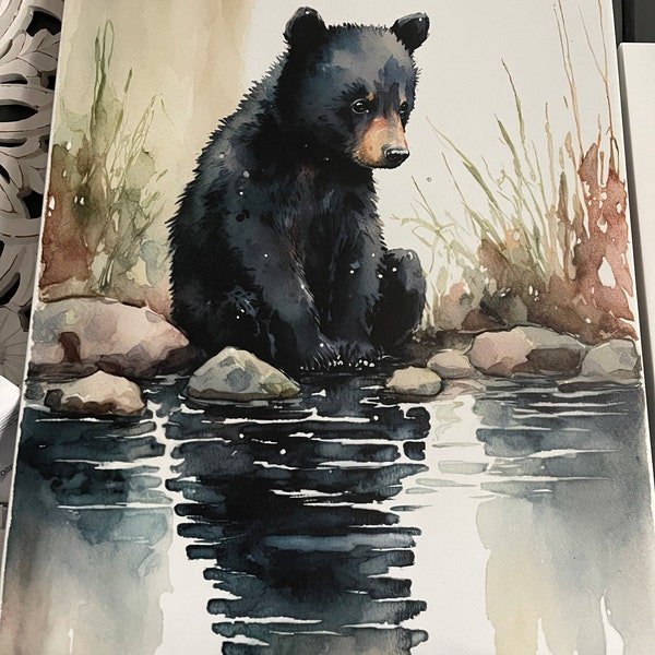 Black Bear Cub Water Color Painting, Housewarming Gift, Digital Art ...