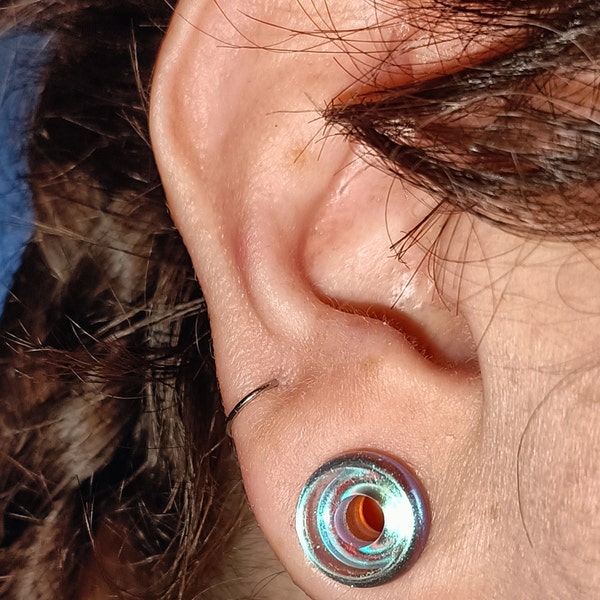 Aurora Borealis Glass Ear Tunnel Double Flare Ear Plug Saddle Tunnel ...