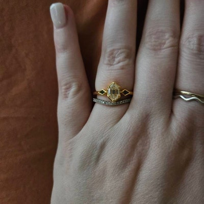 Art Deco Bezel Set 5x9mm Hexagon Cut Moissanite Engagement Ring, Kite ...